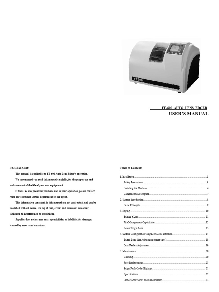 Fe-600 Auto Edger User Manual | PDF | Menu (Computing) | Mains Electricity