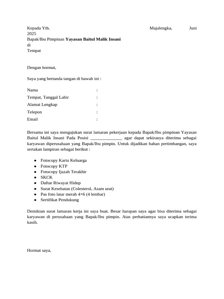 Format Surat Lamaran Kerja MBG | PDF