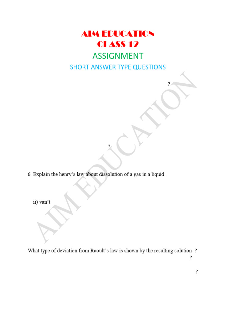 CHEMISTRY ASSIGNMENT SHORT ANS TYPE QUES class 12 important questions | PDF | Chemistry ...