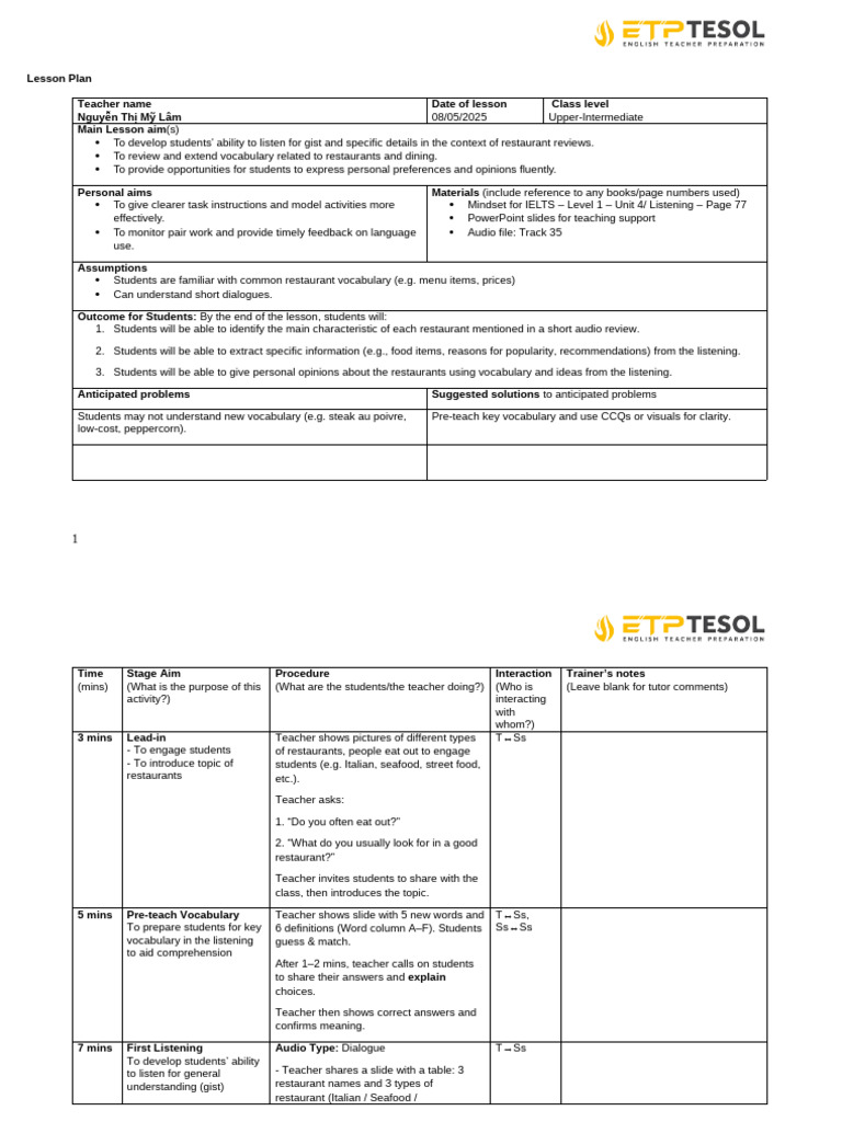 Lesson plan - Listening | PDF | Reading Comprehension | Behavior Modification