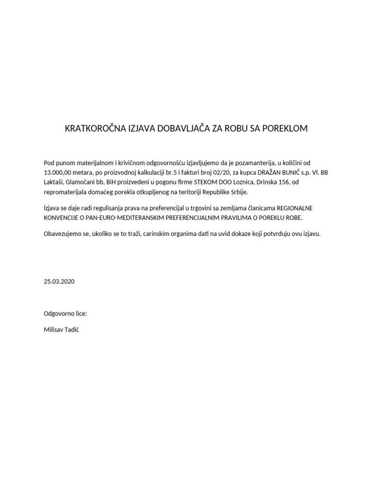 Kratkoročna Izjava Dobavljača Za Robu Sa Poreklom | PDF