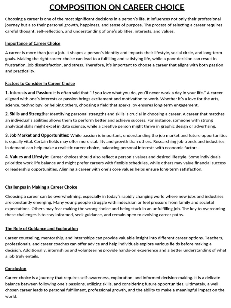 Composition On Career Choice | PDF | Choice | Motivation