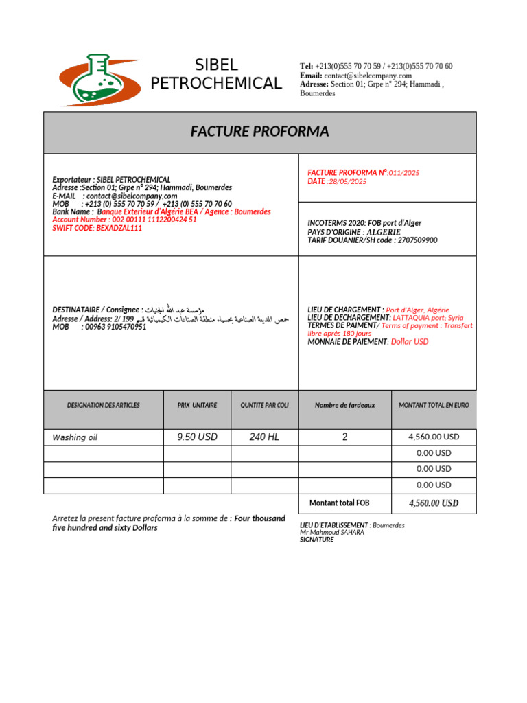 Facture Proforma Sibel Petrochemical | PDF | Devises d'Amérique du Nord ...