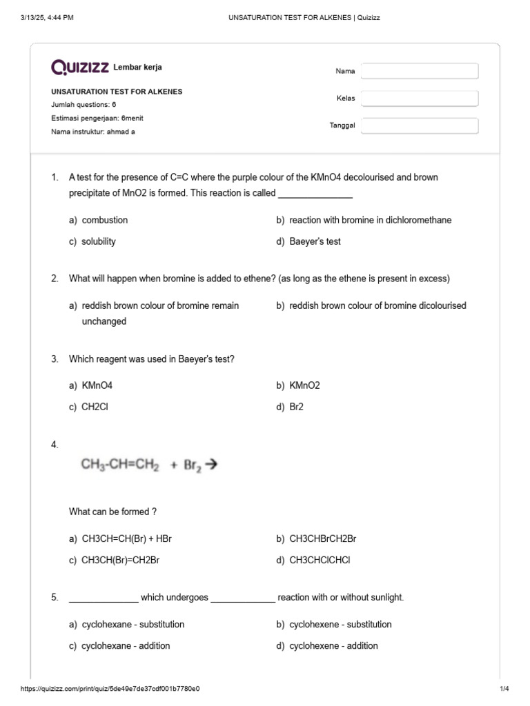 UNSATURATION TEST FOR ALKENES - Quizizz | PDF | Alkene | Chemistry