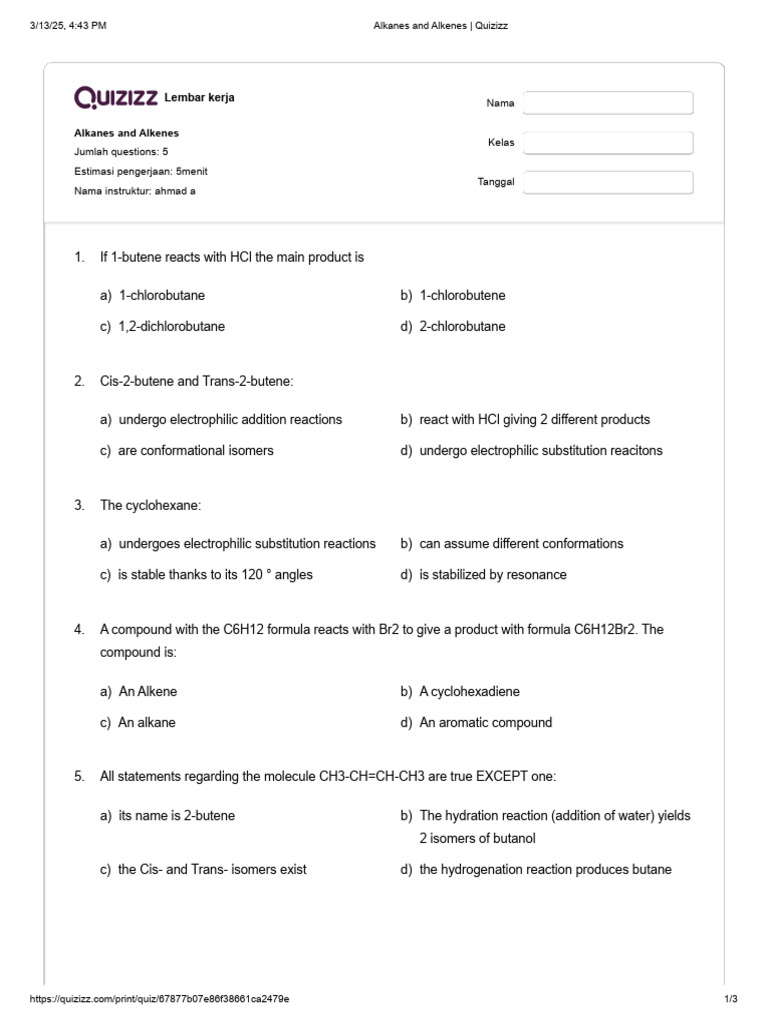Alkanes and Alkenes - Quizizz | PDF | Alkene | Isomer