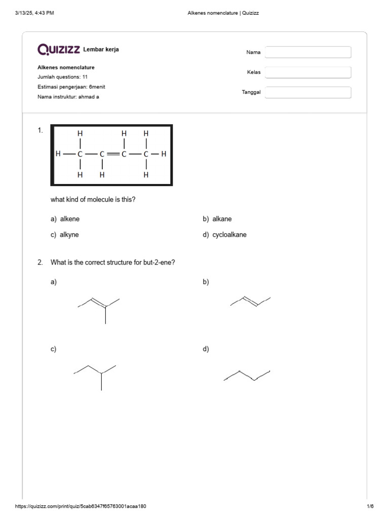 Alkenes Nomenclature Quiz Worksheet | PDF | Alkene | Hydrocarbons