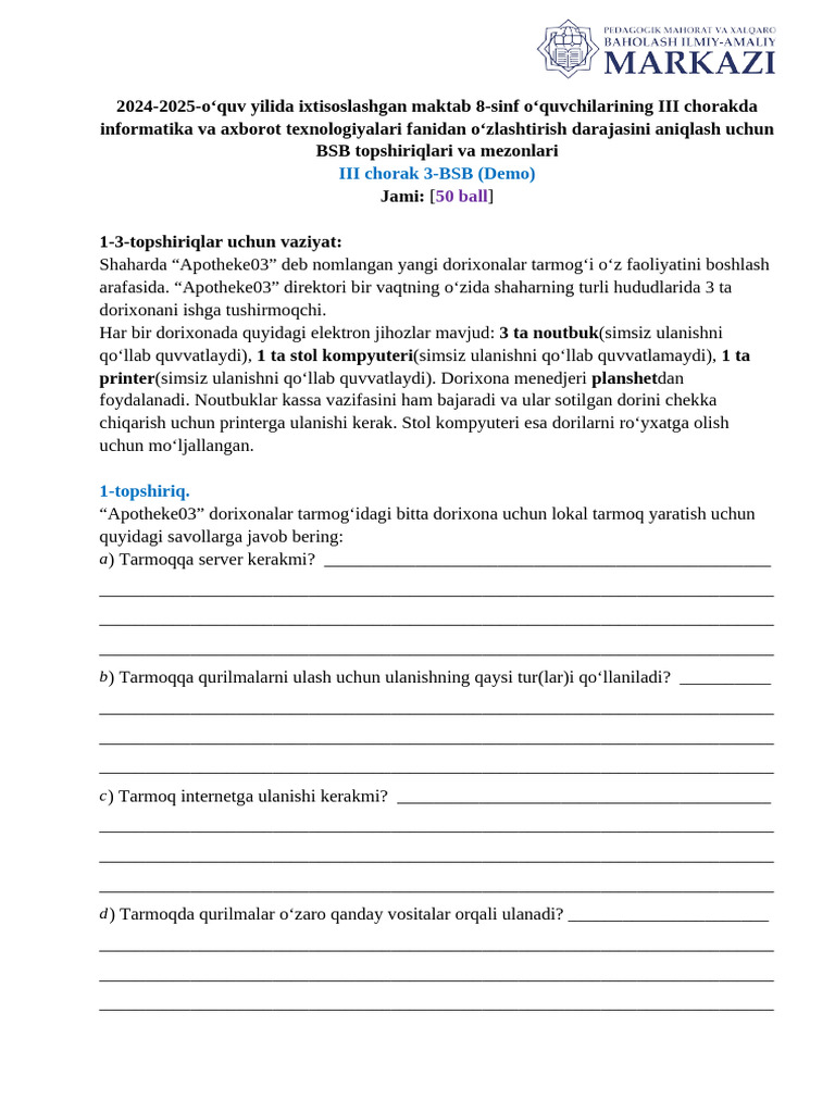 8-Sinf (Aniq) 3-BSB Demo 3-Chorak Uz | PDF