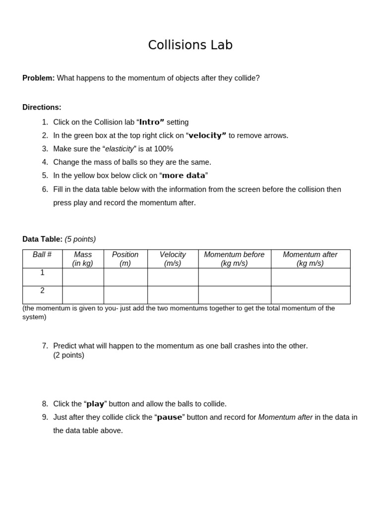 Collisions Lab Worksheet For PHET Collisions | PDF