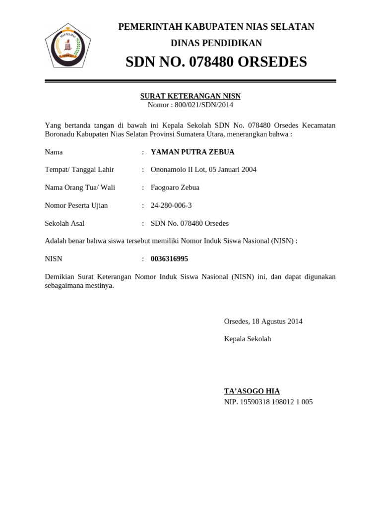Surat Keterangan NISN Yaman | PDF
