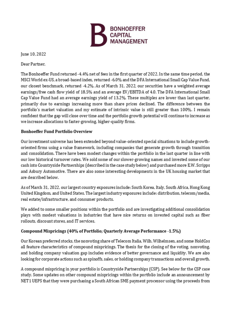 Bonhoeffer Partner Letter Q1 2022 | PDF | Valuation (Finance) | Car ...