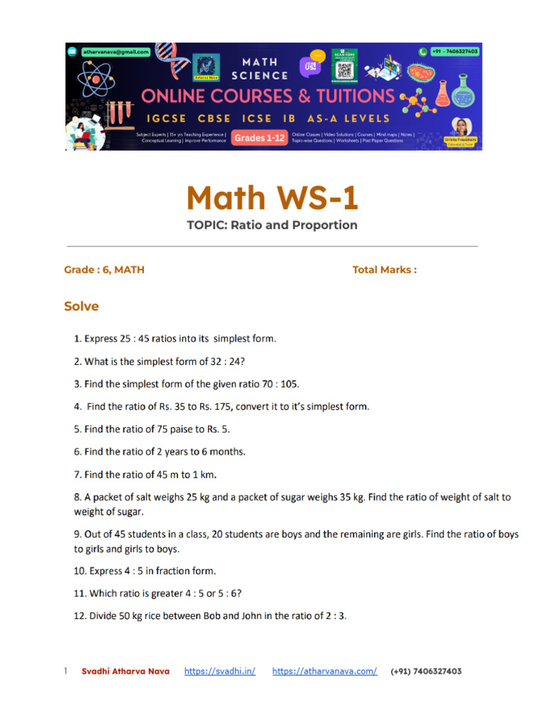 Grade 6, Math WS-1 - Ratio and Proportion | PDF