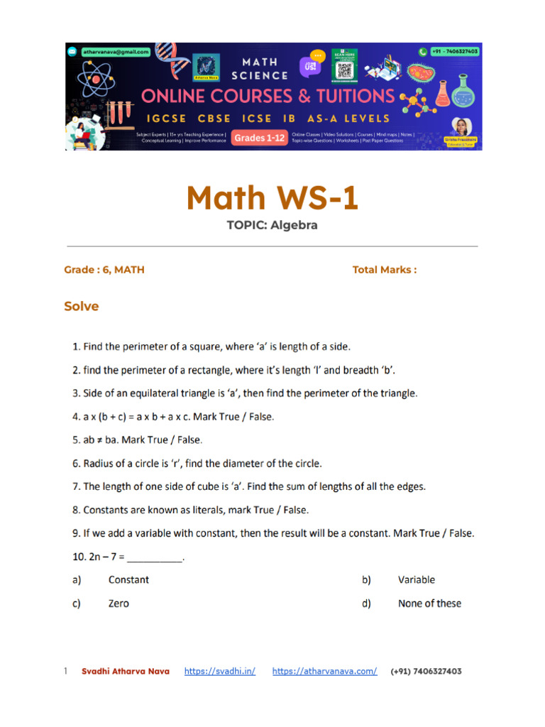 6th Grade Algebra Worksheet Solutions | PDF