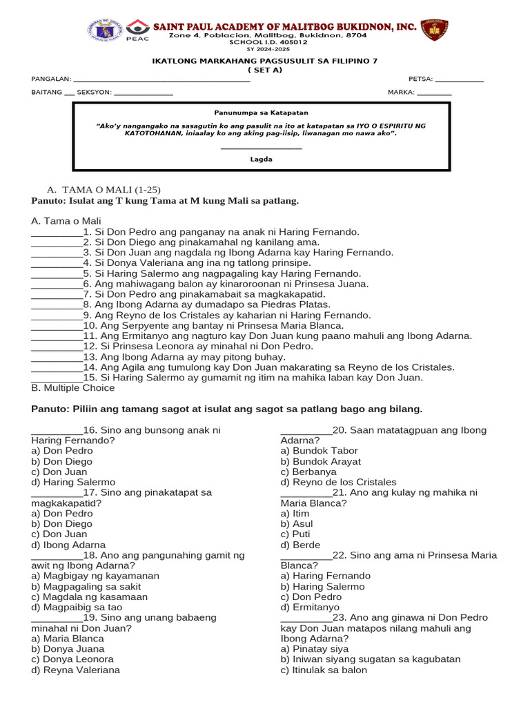 Filipino 7 - 3RD Final Exam Set A | PDF