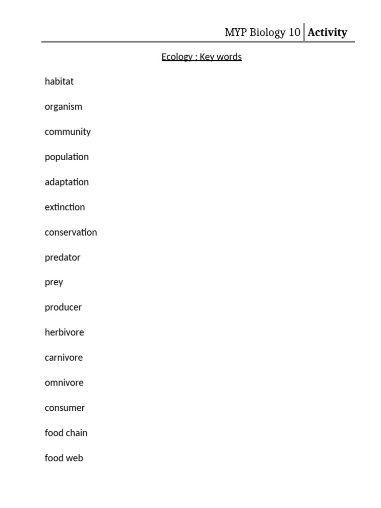 Ecology Key Words Worksheet | PDF