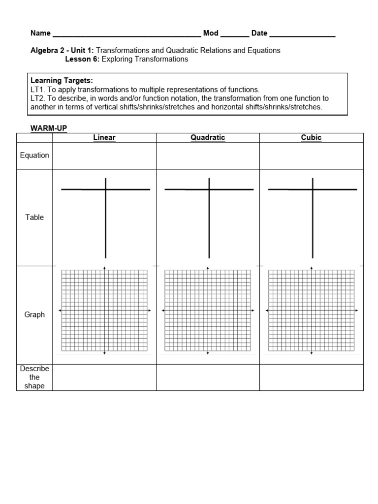 Alg2.U1.L6.Exploring Transformations Lesson | PDF | Quadratic Equation | Function (Mathematics)
