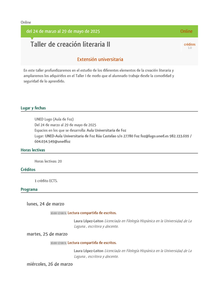 Taller de Creación Literaria II Online | PDF | Streaming Media