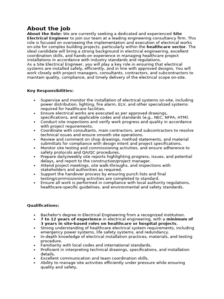 JD Site Electrical Engineer | PDF | Safety | Regulatory Compliance