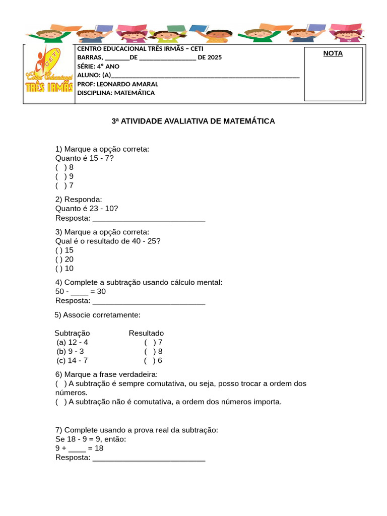 3 Avaliação De Matemática 4º Ano Adaptada Pdf