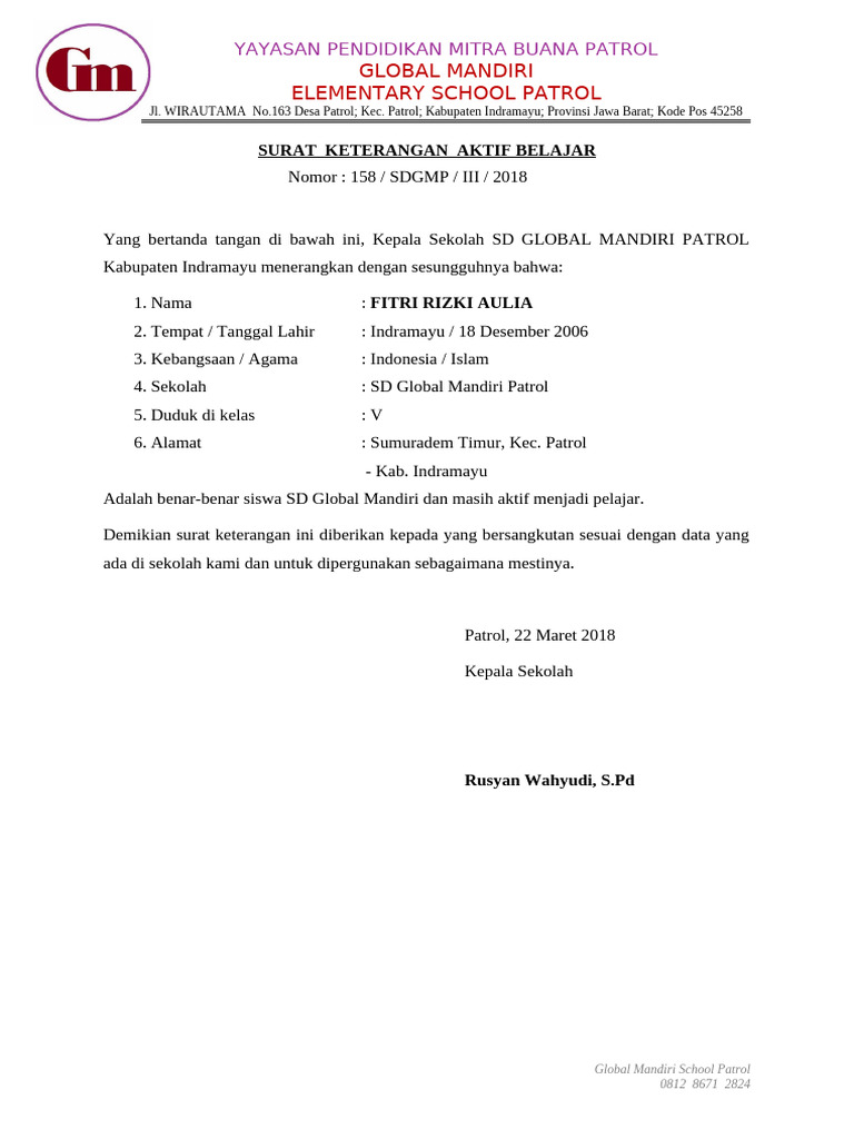 Surat Keterangan Aktif Siswa SD Global Mandiri | PDF