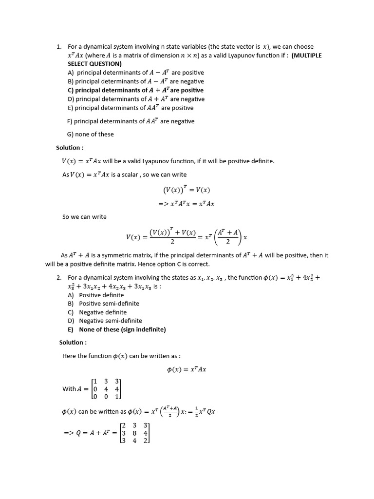 Week - 7 - Assignment - Solutions | PDF | Stability Theory | Determinant