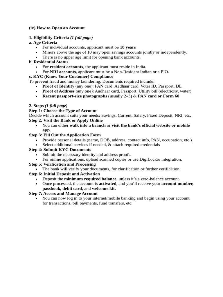 Math - Banking - (iv) Opening an account | PDF