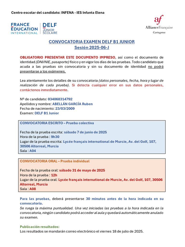 Convocatoria Examen Delf Junior Juin 2025-463 | PDF