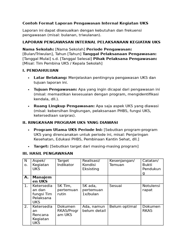 Contoh Format Laporan Pengawasan Internal Kegiatan UKS | PDF