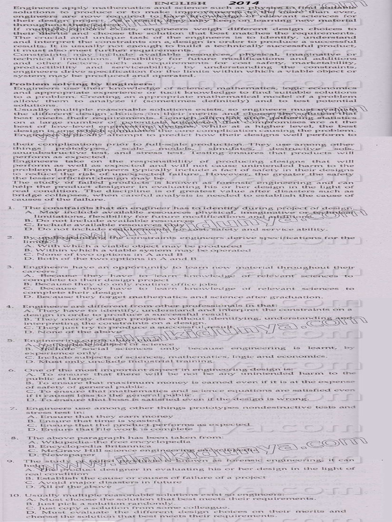 ECAT Entry Test 2014 UET Lahore For F.SC Student English Objectives | PDF