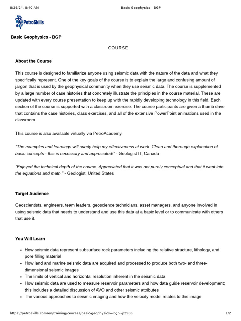 Course Basic Geophysics - BGP | PDF | Reflection Seismology | Geophysics