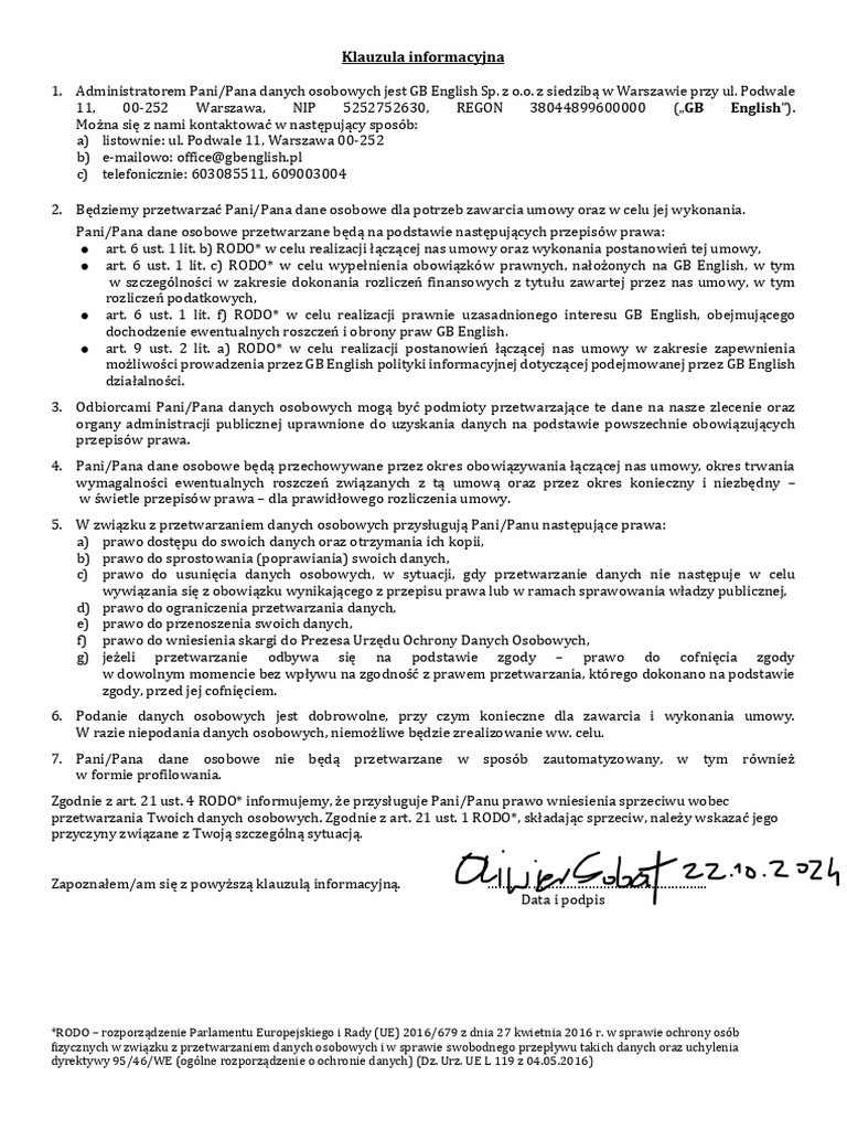 Klauzula Informacyjna GB ENGLISH RODO | PDF