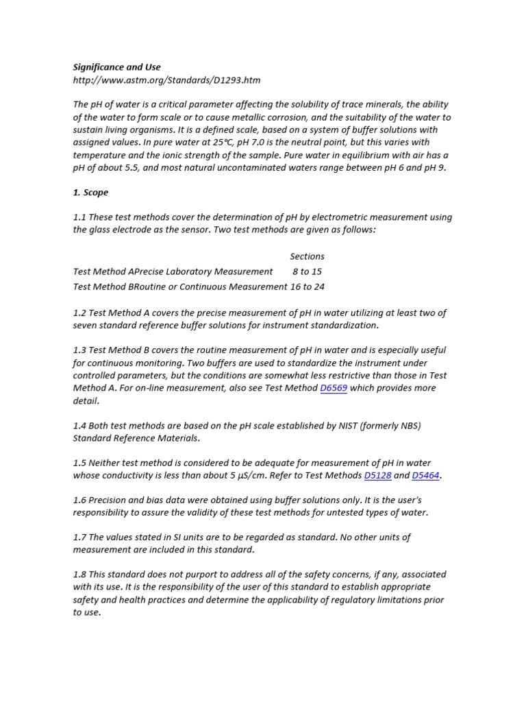 Significance and Use (Importancia y Uso) ASTM D1293 | PDF | Ph | Water