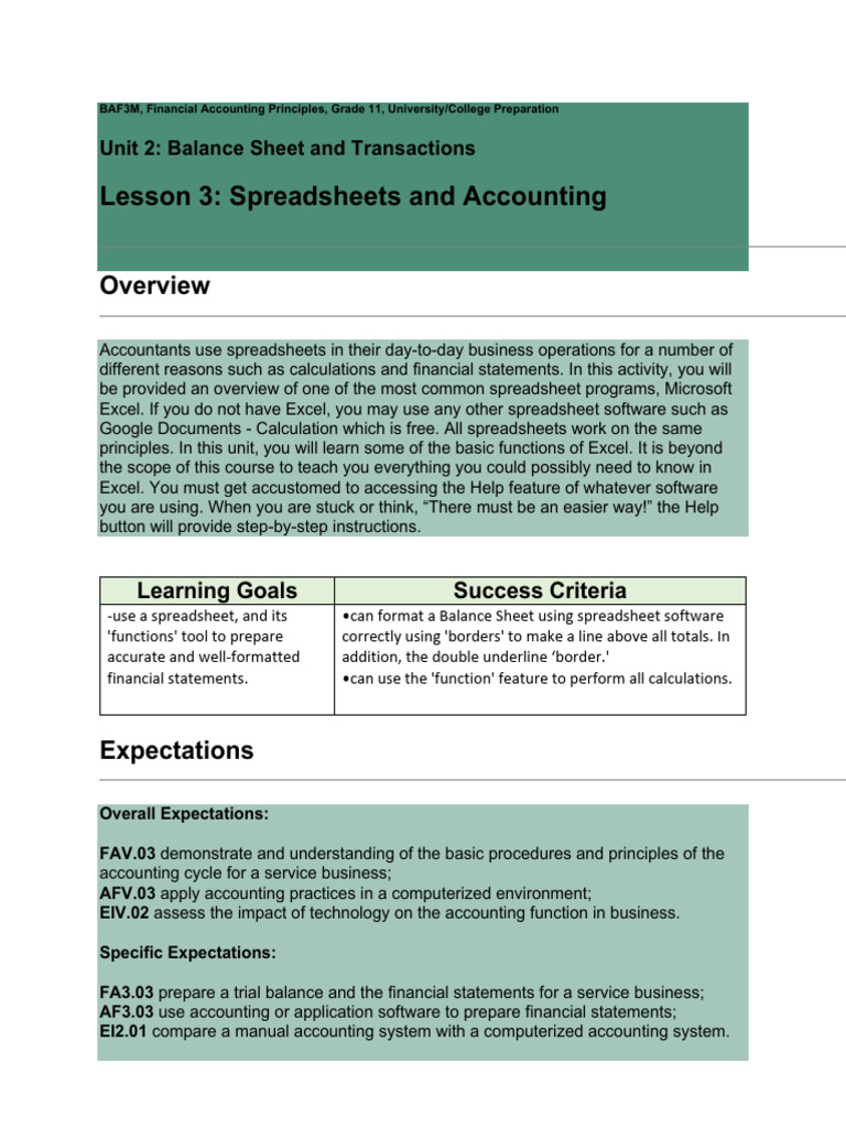 Lesson 3 - Spreadsheets and Accounting | PDF | Microsoft Excel | Spreadsheet