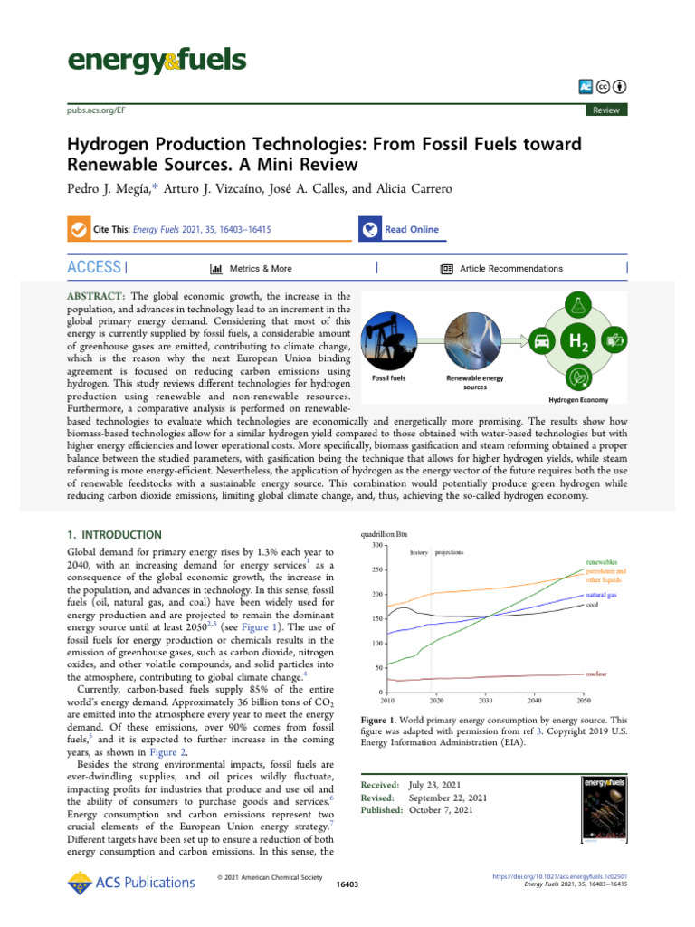 Hydrogen Production Technologies From Fossil Fuels Toward Renewable Sources. a Mini Review | PDF ...