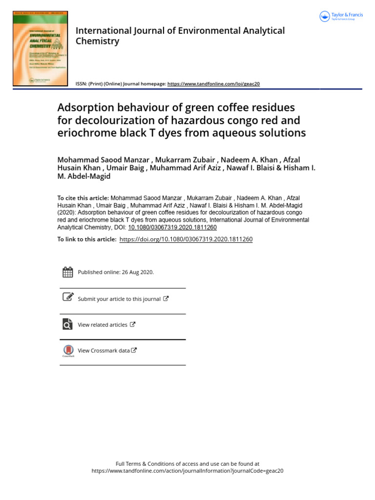 Adsorption Behaviour of Green Coffee Residues For Decolourization of Hazardous Congo Red and ...