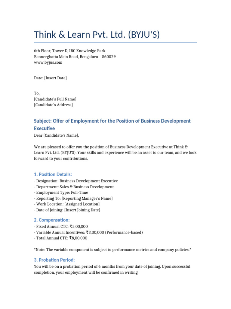 BYJU'S Employment Offer Letter | PDF