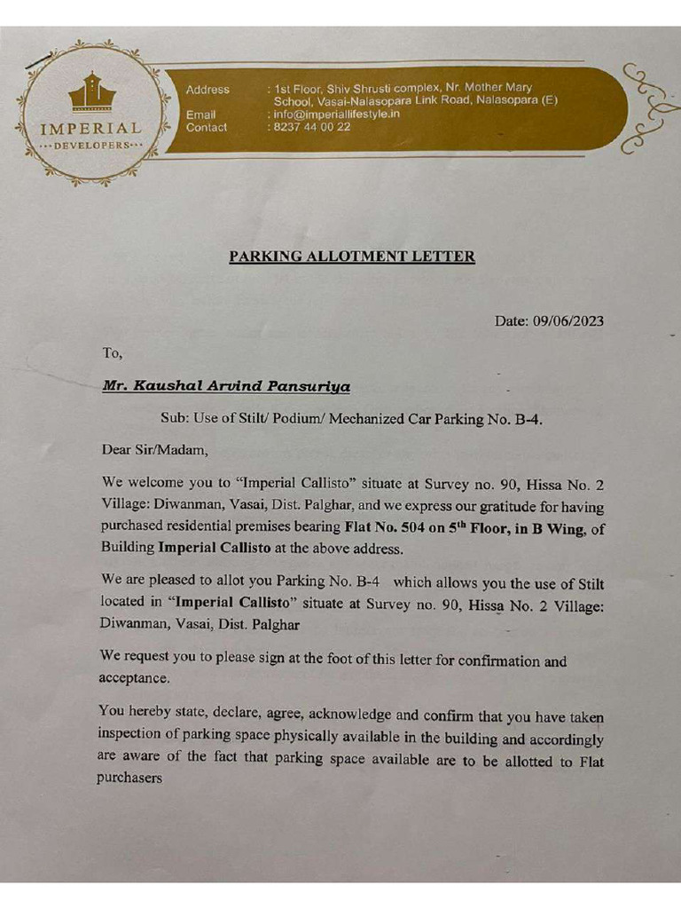 Imperial Parking Allotment Letter | PDF