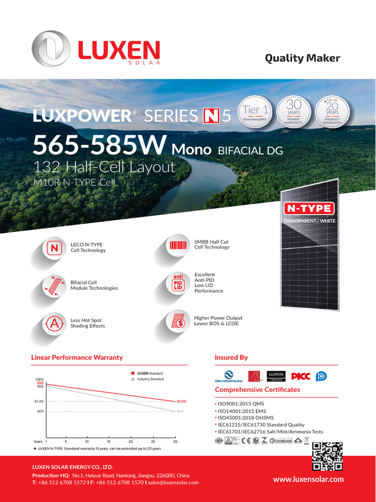 Panel Solar de 585W Bifacial Luxen LNCT | PDF | Electrical Equipment | Electric Power