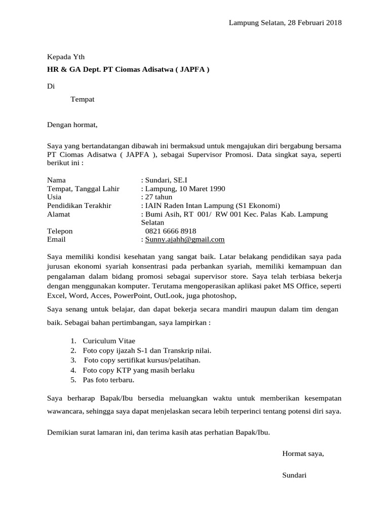 Contoh Surat Lamaran Kerja JAPFA | PDF