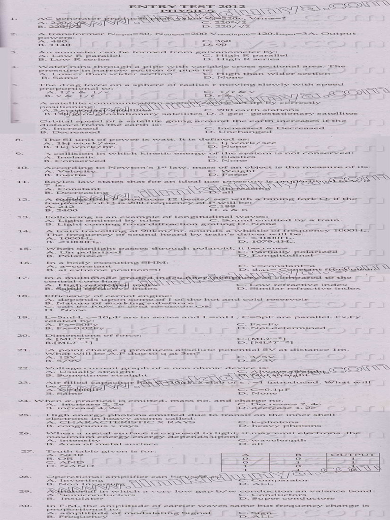 UET Lahore ECAT Entrance Test 2012 Physics | PDF