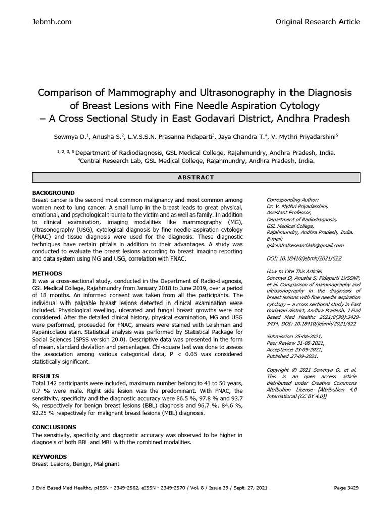 Comparison of Mammography and Ultrasonography in The Diagnosisof Breast ...