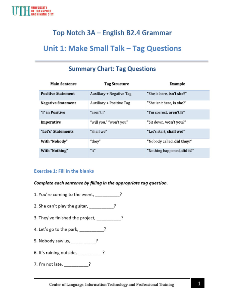 Session 4 - Unit 1 - Grammar - Tag Questions Exercise | PDF | Language Mechanics | Grammar