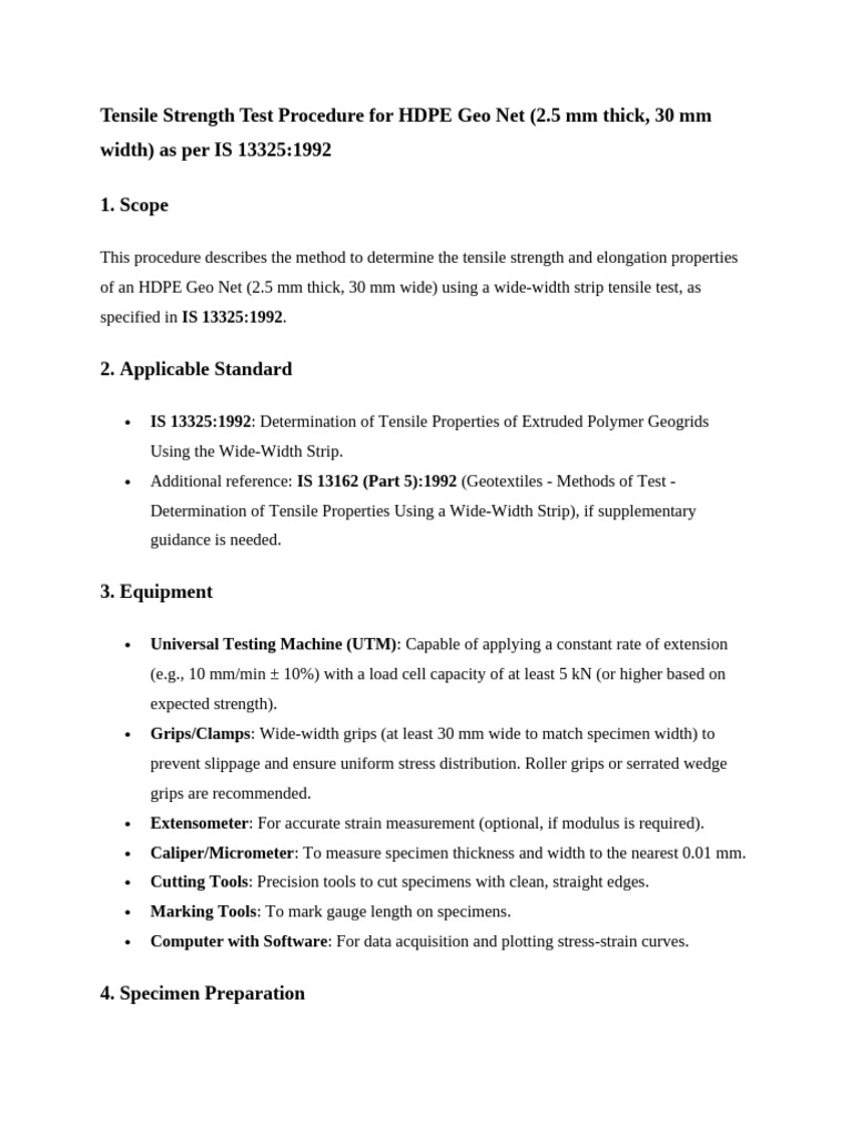 Tensile Strength Test Procedure for HDPE Geo Net | PDF | Ultimate ...