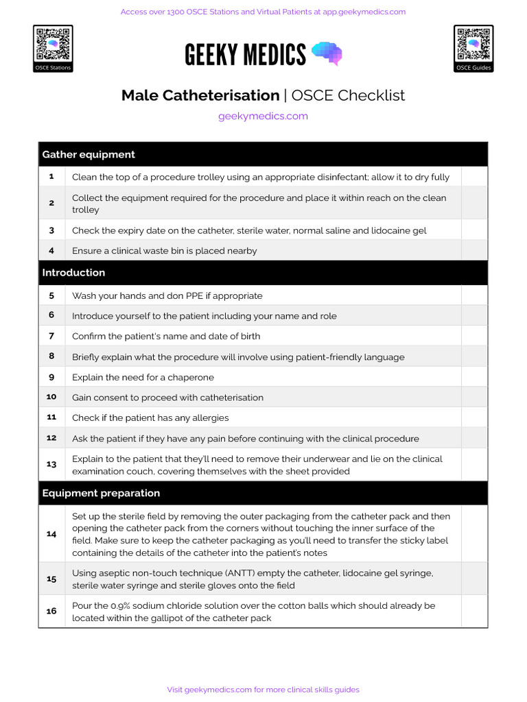 Male Catheterisation OSCE Checklist Geeky Medics | PDF | Catheter | Urology