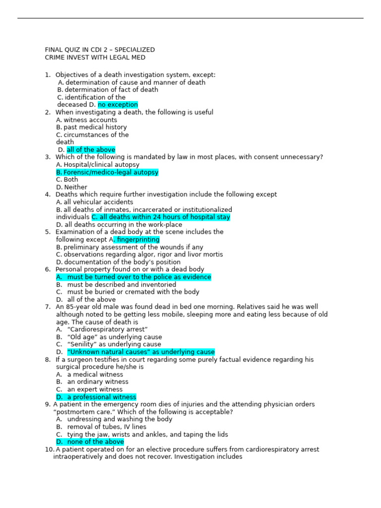Q Final Quiz in Cdi 2 Specialized Crime Inevest With Legal Med | PDF | Autopsy | Forensic Science