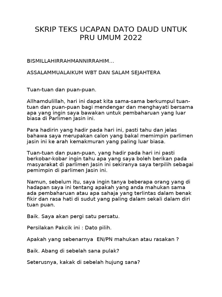 SKRIP TEKS UCAPAN DATO DAUD UNTUK | PDF