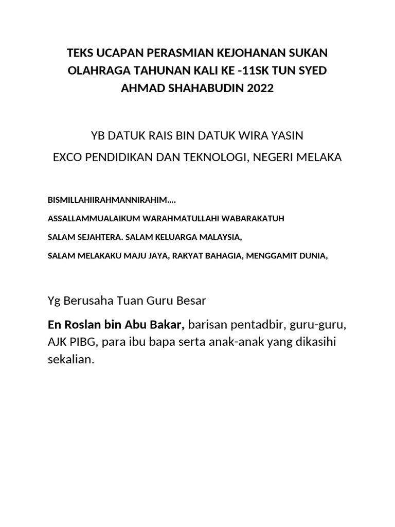 TEKS UCAPAN YB Datuk Rais Bin Datuk Wira Yasin | PDF
