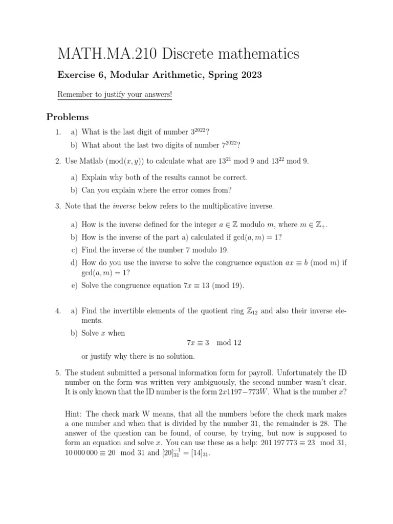 Exercise 6, Modular Arithmetic | PDF | Mathematics | Arithmetic