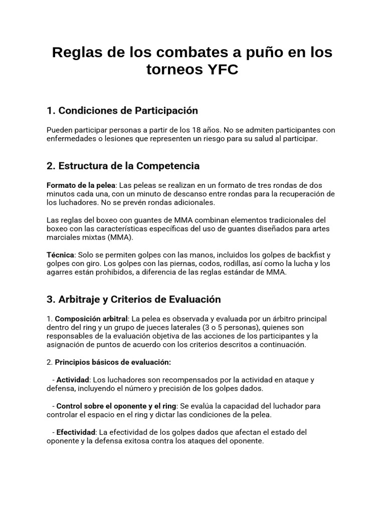Reglas de Combate en Torneos YFC | PDF | Artes marciales mixtas | Apelación