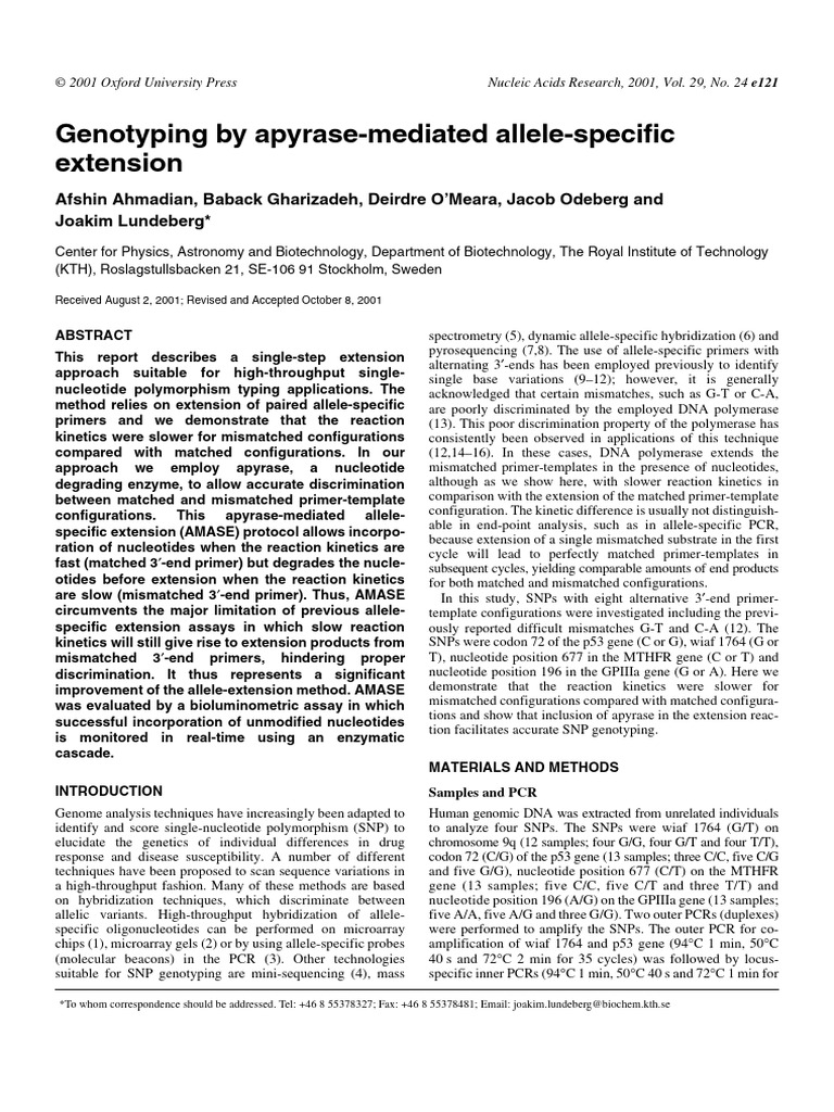 Genotyping by Apyrase-Mediated Allele-Specific Extension | PDF | Single Nucleotide Polymorphism ...