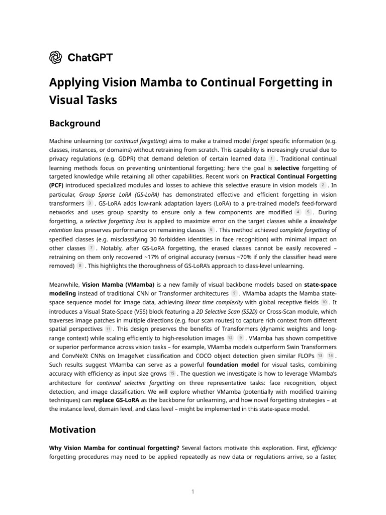 Applying Vision Mamba to Continual Forgetting in Visual Tasks | PDF ...